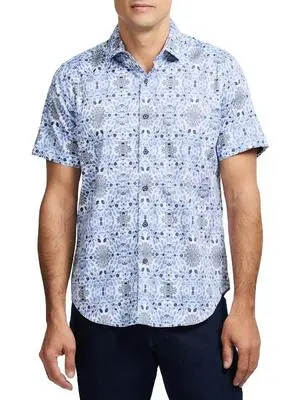 Robert Graham Amagansett Abstract Floral Short Sleeve Stretch Cotton Button-up Shirt - Blue Multi
