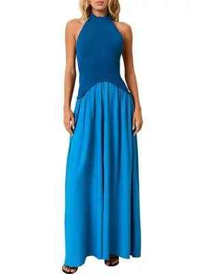 Solid & Striped The Soglio Halter Mixed Media Maxi Dress - Cosmic Blue