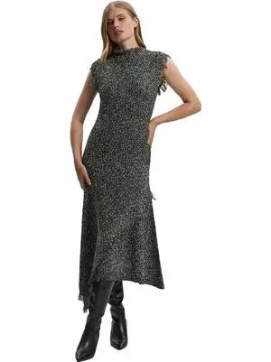 Karen Millen Tweed Yarn Fringe Trim Knitted Midi Dress - Black