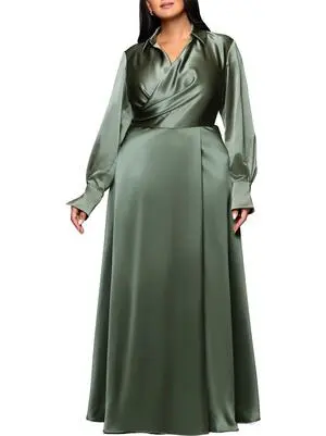 XSCAPE EVENINGS Long Sleeve Satin Gown - Olive