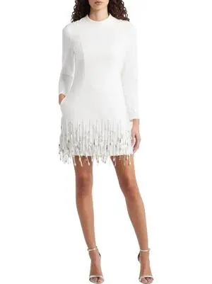 Eliza J Sequin Tassel Long Sleeve Cocktail Dress - Ivory