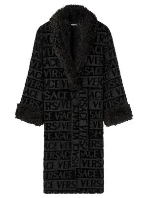 Versace Monogram Dressing Gown With Faux Fur Trim Black