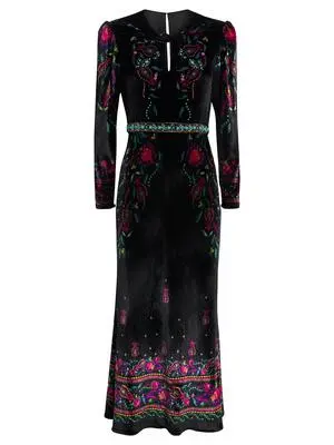 Saloni Velvet Beaded Claudia Midi Dress - Black