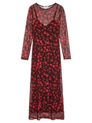 NEVER FULLY DRESSED Soho Cherry-print Mesh Midi Dress - Black Red