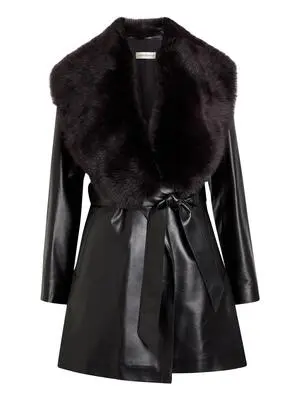 Nour Hammour Fur-trimmed Belted Leather Jacket - Black