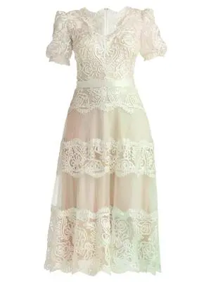 Tadashi Shoji Belline Lace Ribbon Midi Dress - White