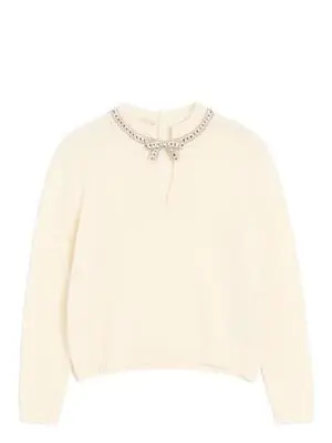 Valentino Garavani Wool Jumper With Embroidered Rhinestone Bow - Ivory