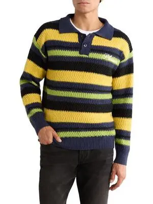 PLEASURES Cooper Stripe Long Sleeve Polo Sweater - Yellow