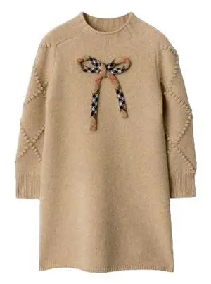 Burberry Check Bow Wool Cashmere Dress - Oatmeal Melange
