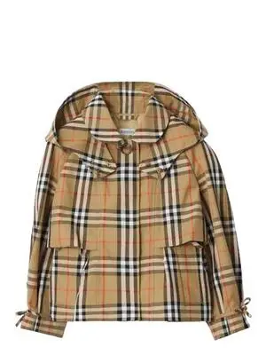 Burberry Check Cotton Hooded Trench Jacket - Sand Beige