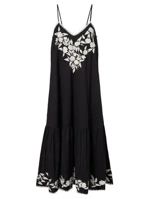 JULIET DUNN Embroidered Cotton And Linen Midi Dress - Black