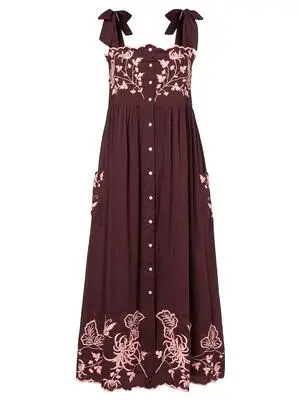 JULIET DUNN Embroidered Cotton Midi Dress - Burgundy
