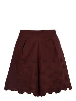 JULIET DUNN Embroidered Floral Cotton Poplin Shorts - Burgundy