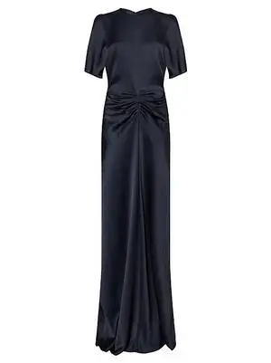 Victoria Beckham Pin-tuck Waist Satin Flared Gown - Navy