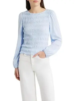 Madewell Smocked Boat Neck Long Sleeve Top - Sky Blue