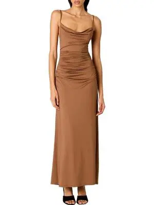 NIA Shirred Cowl Neck Slip Dress - Mocha