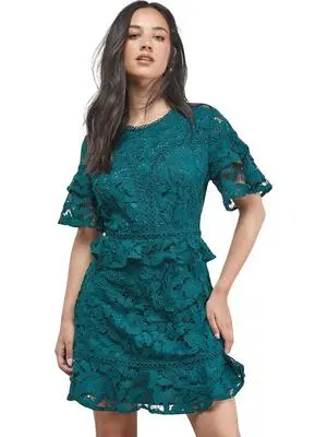 OASIS Lace Trim Frill Sleeve Mini Dress - Green