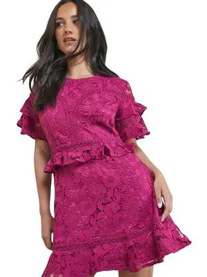 OASIS Lace Trim Frill Sleeve Mini Dress - Purple
