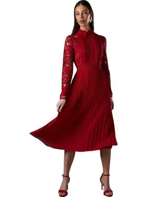 Coast Long Sleeve Lace Midi Shirt Dress - Red