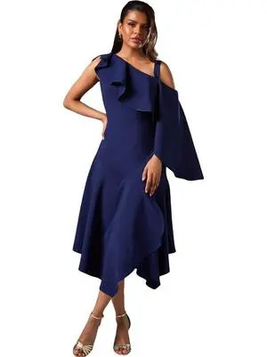 Coast Coast Petite Asymmetrical Ruffled Midi Dress Navy