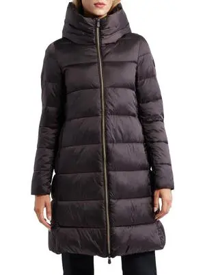 SAVE THE DUCK Lysa Water Repellent Hooded Puffer Jacket - Brown Black