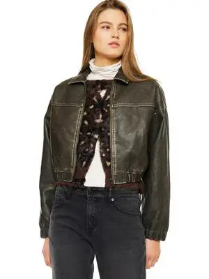 KANCAN Vegan Leather Oversized Bomber Jacket - Dark Olive