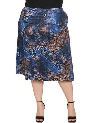 24SEVEN COMFORT APPAREL Animal Print Knee Length Skirt - Blue Multi