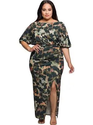 24SEVEN COMFORT APPAREL Abstract Print Batwing Sleeve Maxi Dress - Green Multi
