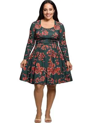 24SEVEN COMFORT APPAREL Floral Print Fit And Flare Dress - Orange Multi