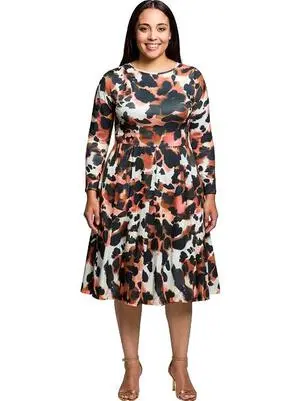 24SEVEN COMFORT APPAREL Animal Print Long Sleeve Midi Dress - Brown Multi