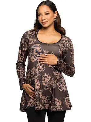 24SEVEN COMFORT APPAREL Floral Print Long Sleeve Tunic Top - Brown Multi