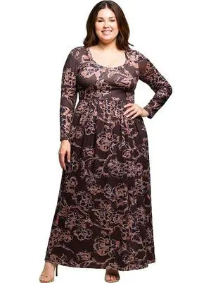 24SEVEN COMFORT APPAREL Floral Long Sleeve Scoop Neck Maxi Dress - Brown Multi