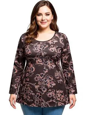 24SEVEN COMFORT APPAREL Floral Print Long Sleeve Tunic Top - Brown Multi
