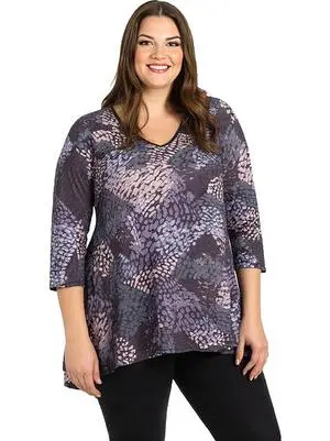 24SEVEN COMFORT APPAREL Abstract Print V-neck Tunic Top - Brown Multi