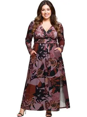 24SEVEN COMFORT APPAREL Floral Print Long Sleeve Wrap Maxi Dress - Grey Multi