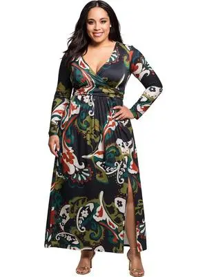 24SEVEN COMFORT APPAREL Paisley Print Wrap Maxi Dress - Navy Multi