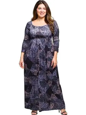 24SEVEN COMFORT APPAREL Printed Empire Waist Maxi Dress - Grey Multi