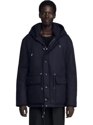 Sandro Hooded Wool Parka Navy Blue