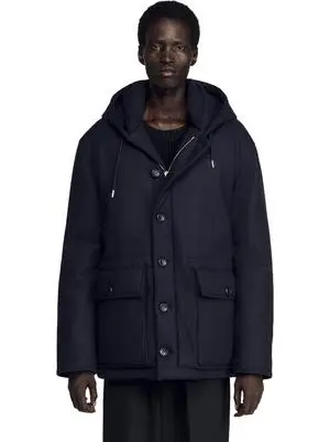 Sandro Hooded Wool Parka - Navy Blue