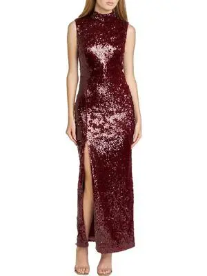 WAYF Ivy Sequin Mock Neck Sleeveless Sheath Cocktail Dress - Burgundy