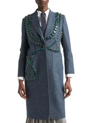 Thom Browne Windowpane Tweed Trompe L'oeil Swarovski Crystal Long Jacket - Deep Blue