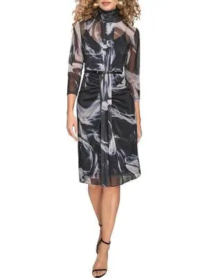 Donna Karan New York Swirl Print Sheer Overlay Dress - Black/vapor Multi