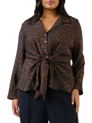 ESTELLE Leona Leopard Print Tie Front Top - Chocolate/navy
