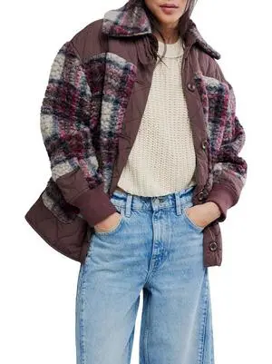 Free People Sana Quilted Plaid Fleece Bomber Jacket - Pomegranate Combo