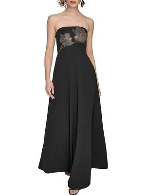 Donna Karan New York Beaded Floral Strapless Gown - Black Multi