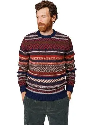 AUBIN Fair Isle Crew Neck Wool Sweater - Navy/red Mix