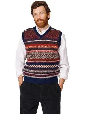 AUBIN Fair Isle Wool Knit Slipover Vest - Navy/red Mix