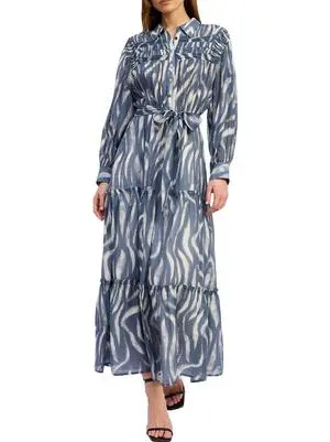 EN SAISON Cypress Long Sleeve Tie Belt Tiered Maxi Shirtdress - Slate Ivory