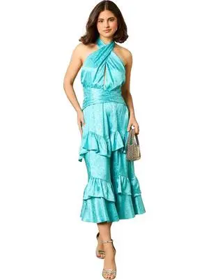 OASIS Halterneck Satin Jacquard Midi Dress - Aqua