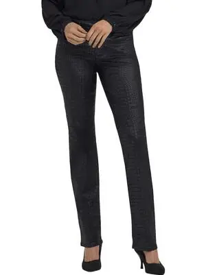 NYDJ Marilyn Coated Snake Print Straight Leg Jeans Black Coated Python
